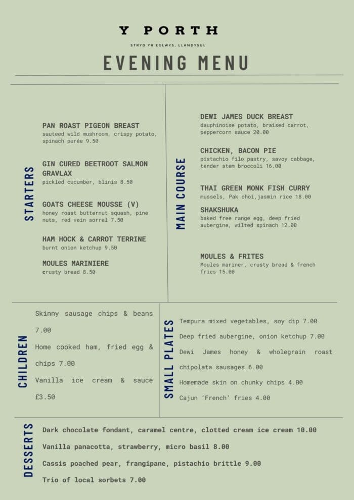 GWESTYR PORTH HOTEL | Menu Samples