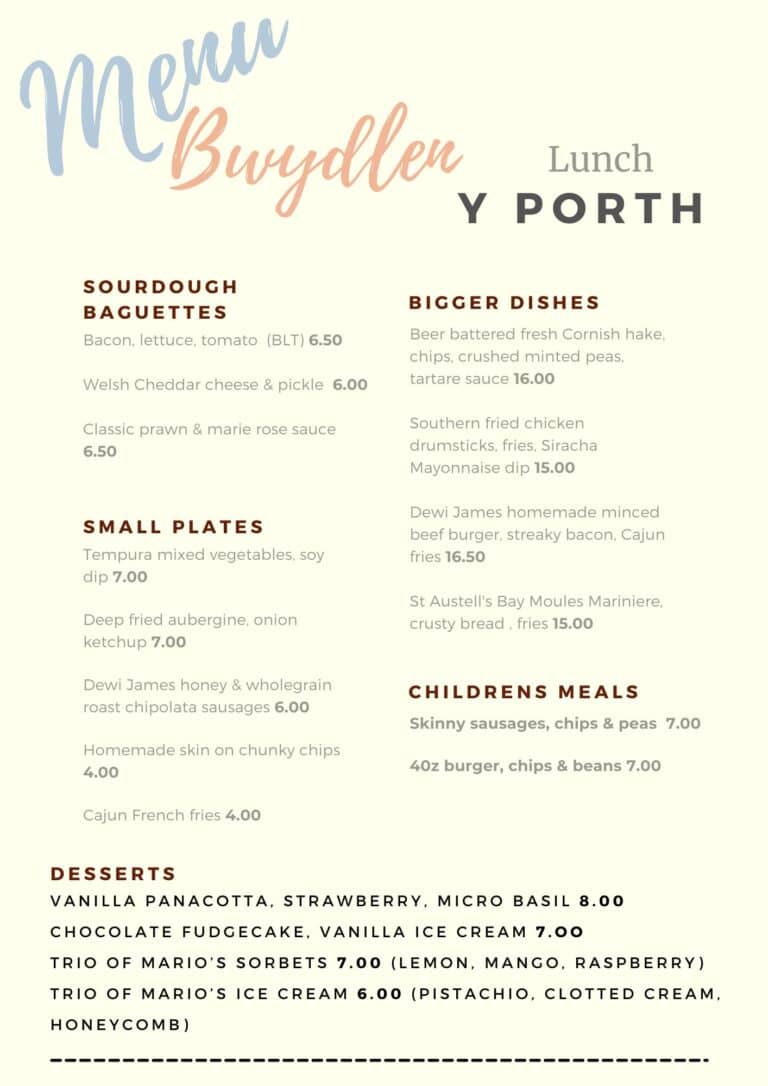 GWESTYR PORTH HOTEL | Menu Samples