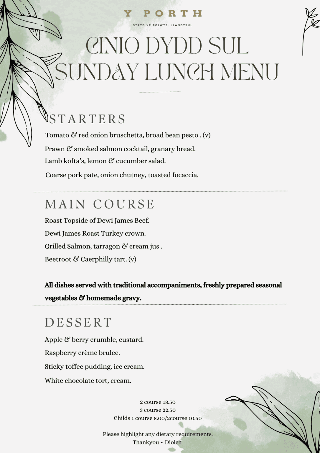 GWESTYR PORTH HOTEL | Menu Samples